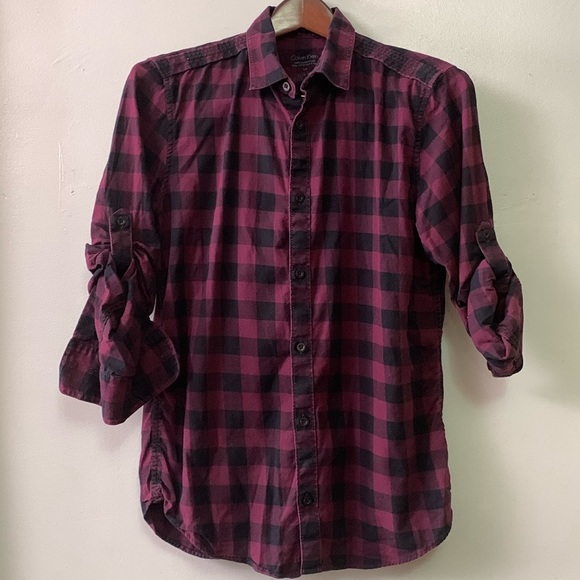 Calvin Klein | Shirts | Calvin Klein Slim Fit Maroon Checkered Button ...